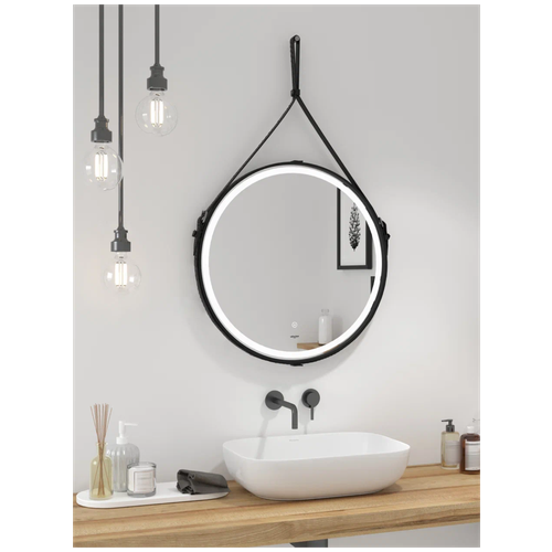 Зеркало для ванной с LED подсветкой, сенсором, на ремне из натуральной кожи черного цвета Reflection Skin D650 RF5325SK