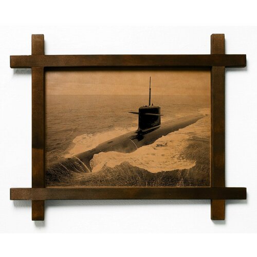 Картина Подводная лодка, интерьерная для украшения и декора на стену в деревянной раме, подарок, натуральная кожа, BoomGift