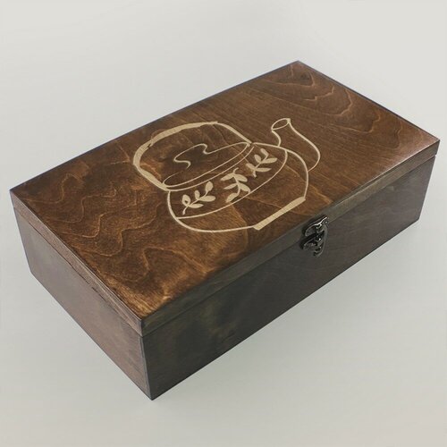Коробка для чайных пакетиков из дерева, чайница большая, 4 отделения с узором Иллюстрация чайник - 1204