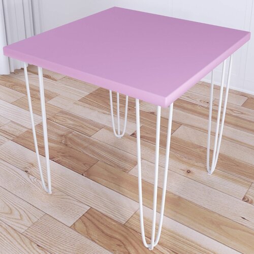 Стол кухонный Loft с квадратный столешницей розового цвета из массива сосны 40 мм и белыми ножками-шпильками, 60x60х75 см
