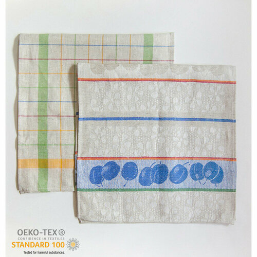 Льняные кухонные полотенца жаккард 2 шт 35 х 70 Сертификат OEKO-TEX ID: 151.1_Сад (35х70 см, Синий)
