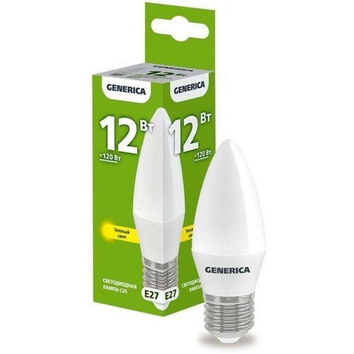 Лампа светодиодная C35 12Вт свеча 3000К E27 230В | код. LL-C35-12-230-30-E27-G | GENERICA (9шт. в упак.)