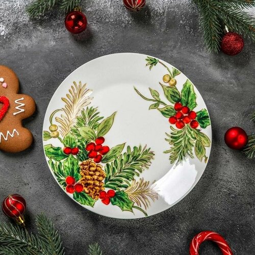 Тарелка фарфоровая десертная Доляна «Рождество», d=20,5 см