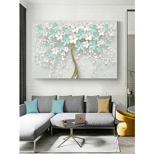 Картина "Дерево золотое с бело-голубыми цветами" размер 120 на 80 см.
