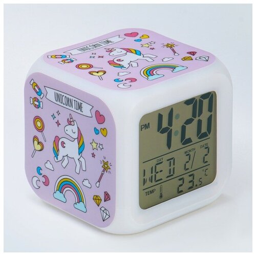 Часы электронные настольные "Единорог", подсветка, будильник, термометр, календарь, 8 х 8 см