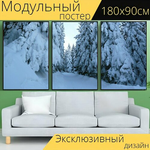Модульный постер "Бэккантри лыжно, зима, снег" 180 x 90 см. для интерьера