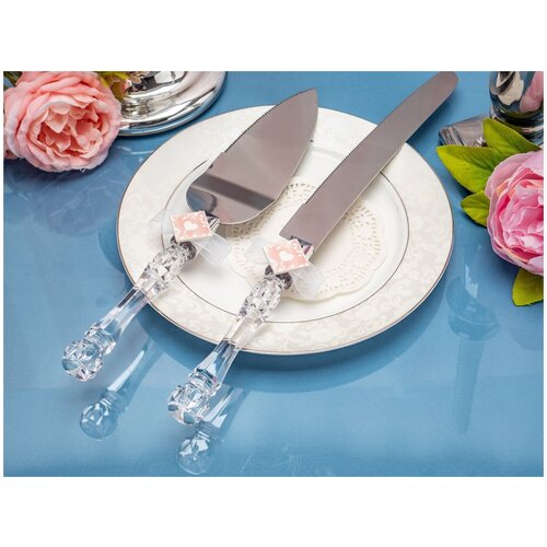 Стильные приборы для свадебного торта жениха и невесты "Розовая акварель" (лопатка и нож)