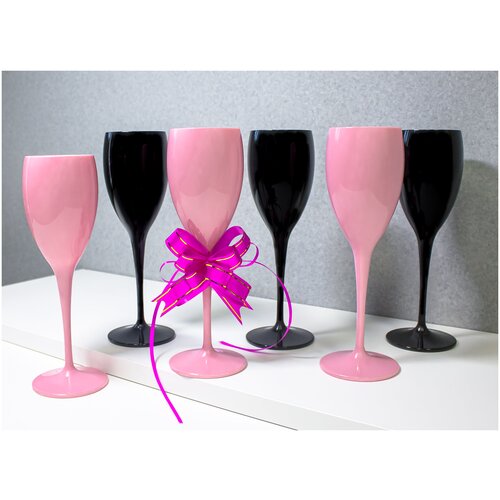 Многоразовые пластиковые бокалы для шампанского. Набор черные 3шт и розовые 3 штук