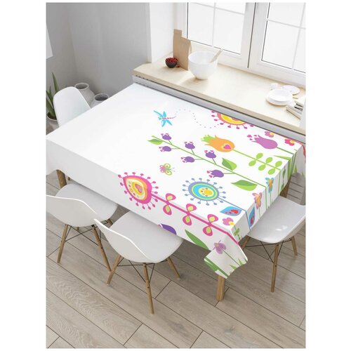 Скатерть прямоугольная JoyArty на кухонный стол "Сказка с цветами" из оксфорда, 180x145 см