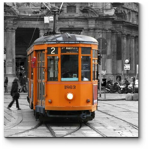 Модульная картина Оранжевый трамвай на сером городском фоне30x30