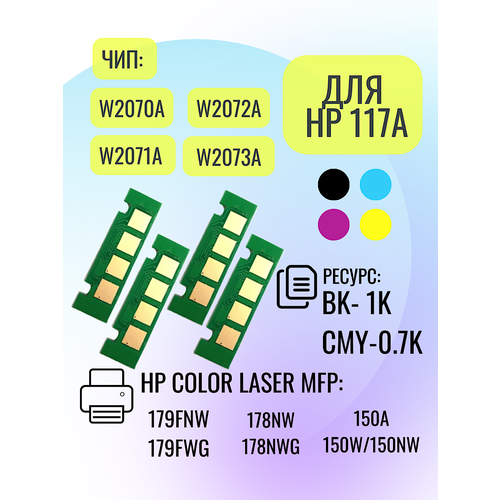 Комплект чип 4 шт для HP 117A для картриджей W2070A, W2071A, W2072A, W2073A все цвета Bk, M, Y, C