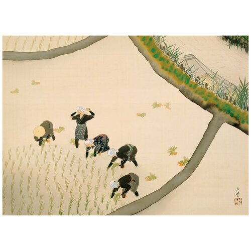 Репродукция на холсте Молодые дамы сажают рис Гёкудо Каваи 41см. x 30см.