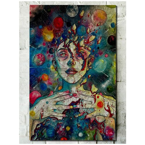 Картина интерьерная на рельефной доске Эзотерика (космос, девушка, планеты, звёзды) - 8311 В