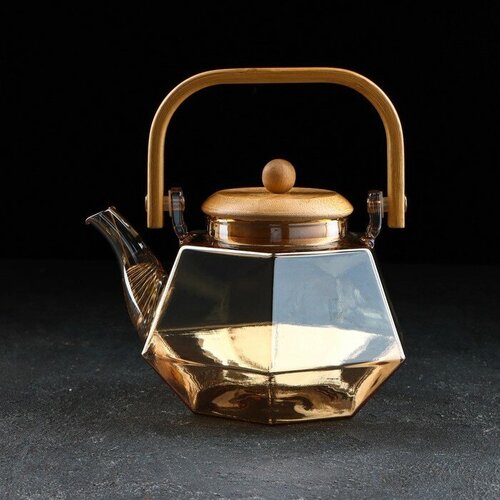 Чайник стеклянный заварочный с бамбуковой крышкой и металлическим фильтром «Октогон», 800 мл, цвет золотой