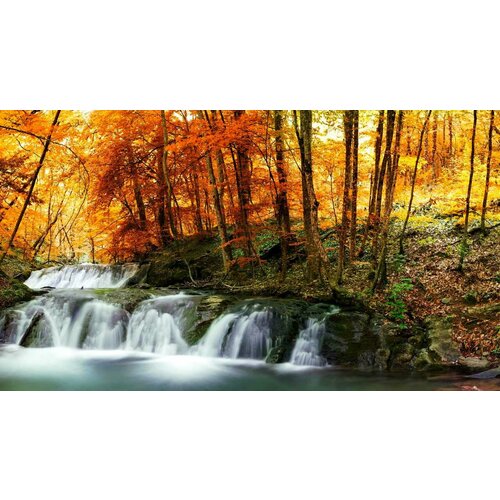 Картина на холсте 60x110 LinxOne "Осень лес водопад листья" интерьерная для дома / на стену / на кухню / с подрамником