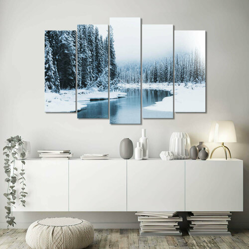 Модульная картина/Модульная картина на холсте/Модульная картина в подарок/снежный лес у реки-snow forest by the river 150х100