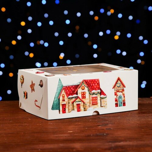 Упаковка на 6 капкейков с окном "Рождественский домик", 25 х 17 х 10 см