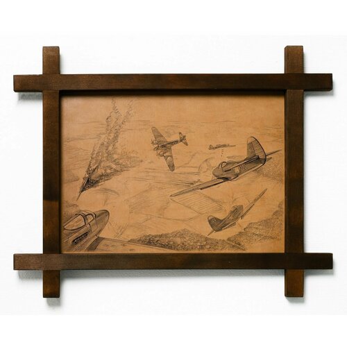 Картина "Воздушный бой", интерьерная для украшения и декора на стену в деревянной раме, подарок, натуральная кожа, BoomGift