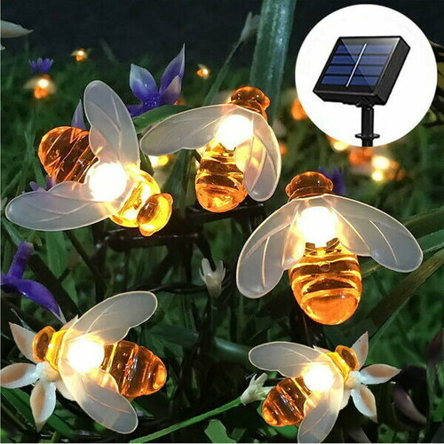 Гирлянда для улицы «Пчёлка» 3м, 20 ламп LED чёрный провод, 2 реж, IP-55, Теплый белый (солнечная батарея).