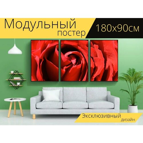 Модульный постер "Роза, красная роза, цветок" 180 x 90 см. для интерьера