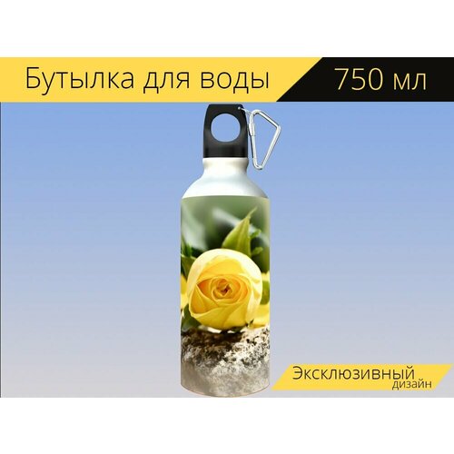 Бутылка фляга для воды "Роза, желтая роза, цветок" 750 мл. с карабином и принтом