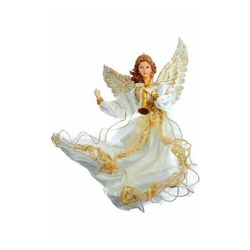 Кукла на ёлку парящий ангел С трубой, полистоун, текстиль, белый, 33 см, Kurts Adler J6064