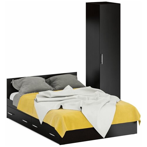 Кровать двуспальная с ящиками 1400 с пеналом Стандарт, цвет венге, спальное место 1400х2000 мм, без матраса, основание есть