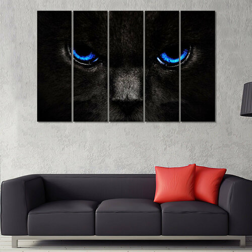 Модульная картина/Модульная картина на холсте/Модульная картина в подарок/черный кот с голубыми глазами - a black cat with blue eyes125х80