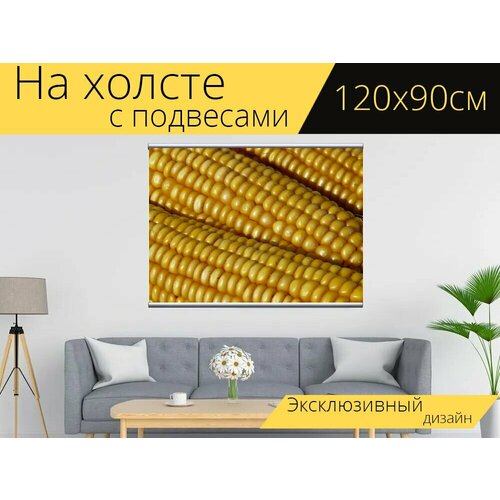 Картина на холсте "Кукуруза, кукуруза в початках, кукурузные зерна" с подвесами 120х90 см. для интерьера