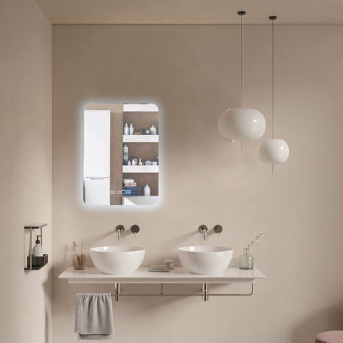 Зеркало для ванной Prisma 180*60 прямоугольное вертикальное c часами и подогревом