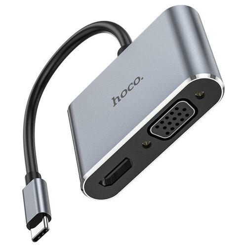 USB Хаб (HB30) c 1 Type-C на 1 USB 3.0+PD+VGA+HDTV, HOCO, металлический серый