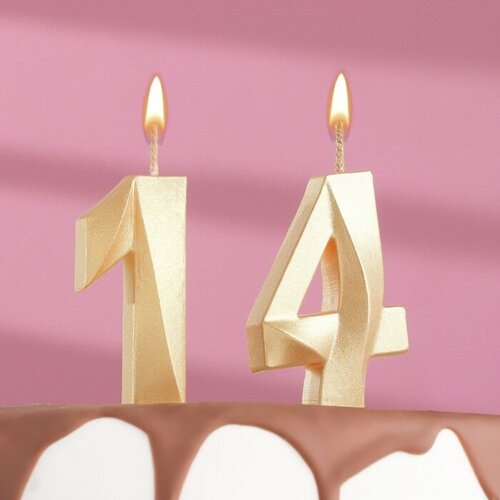 Свеча в торт юбилейная "Грань" (набор 2 в 1), цифра 14, цифра 41, золотой металлик, 6,5 см