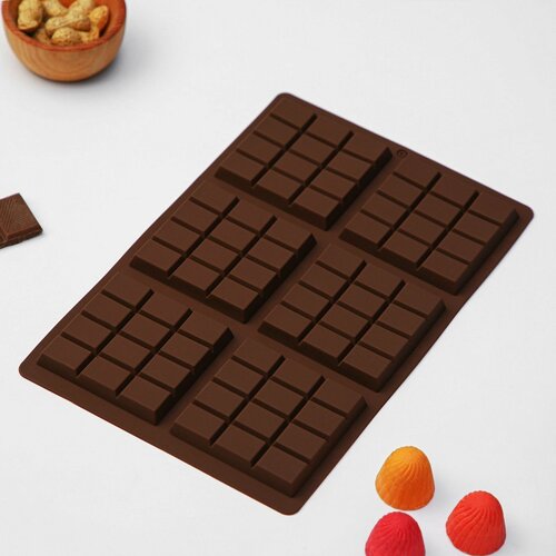 Форма для шоколада силиконовая 6 ячеек 27,5х18х1 см (7,5х7,5см) "Плитка", цвет коричневый