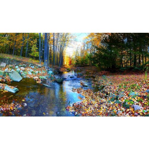Картина на холсте 60x110 Альянс Лес "Пейзаж река осень камни лес" на подрамнике / интерьер/ декор