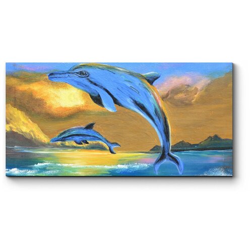 Модульная картина Дельфины на закате, масло 50x25