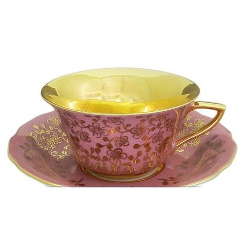 Чашка с блюдцем Виндзор Золотые цветы, розовая сирень (150 мл), Leander