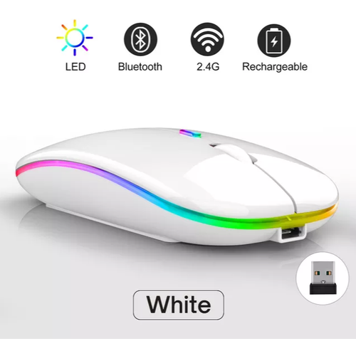 Беспроводная ультратонкая мышь с LED подсветкой / Бесшумная мышка для компьютера, ноутбука и пк / Bluetooth + Wireless 2.4G / White