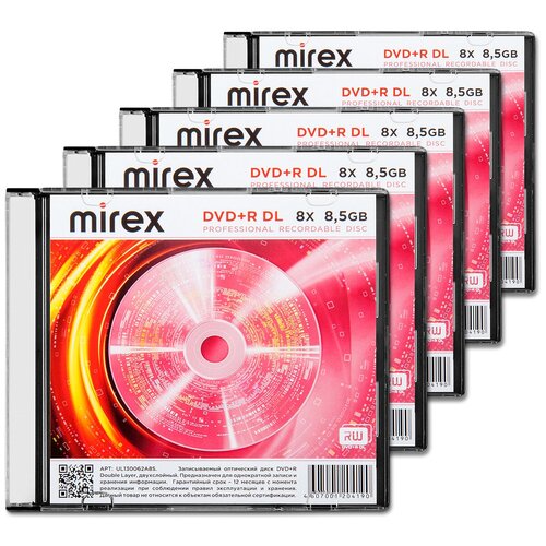 Диск Mirex DVD+R DL 8,5Gb 8x slim, упаковка 5 шт.