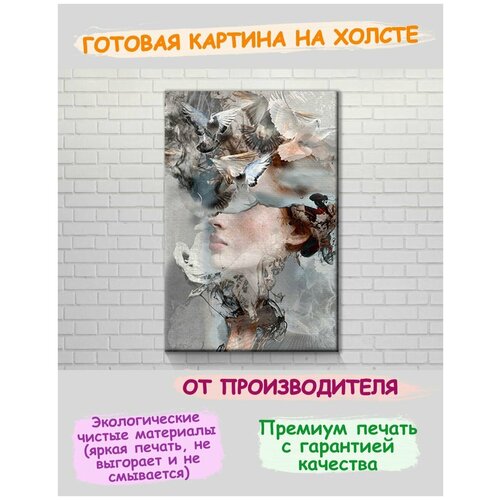 3D картина на холсте с подрамником на стену Женщина и птицы абстракция постер