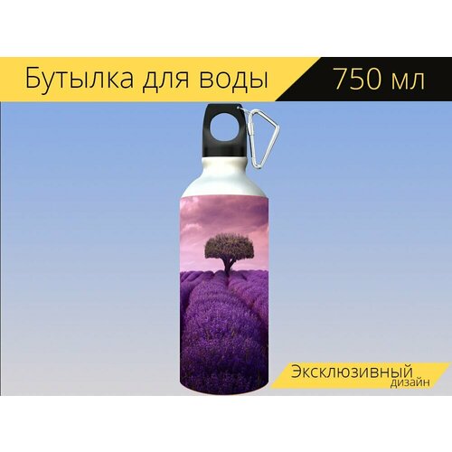 Бутылка фляга для воды "Лаванда, дерево, изобразительное искусство" 750 мл. с карабином и принтом
