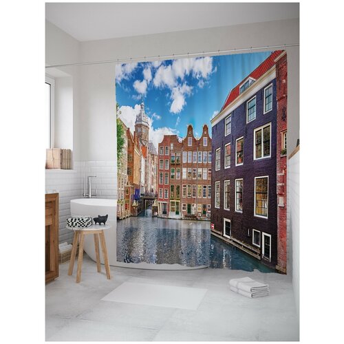 Штора водоотталкивающая для ванной, занавеска в ванную комнату тканевая JoyArty "Старые здания в Амстердаме", 180х200 см