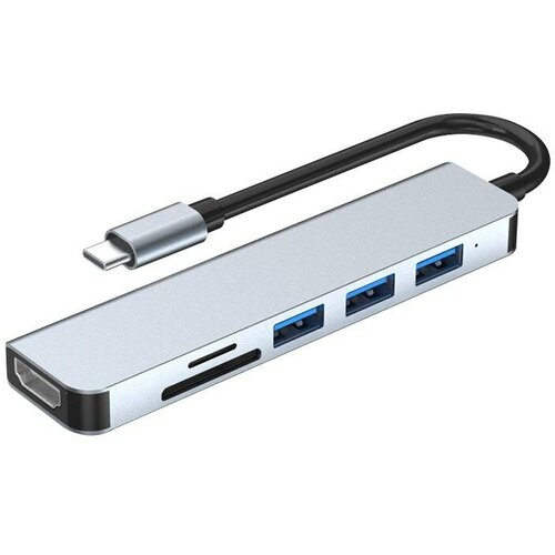 Адаптер переходник 6 в 1 3xUSB 3.0, HDMI Power Delivery + SD и TF карты памяти / Разветвитель USB-C HUB 3.0 / Подходит для MacBook