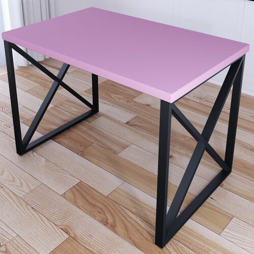 Стол кухонный Loft со столешницей розового цвета из массива сосны 40 мм и черными металлическими крестообразными ножками, 90х70х75 см