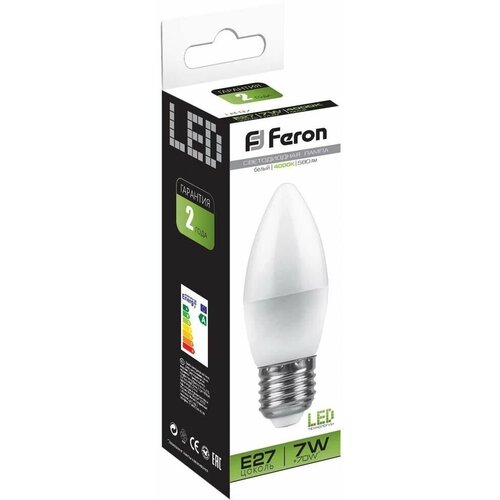Лампа светодиодная LED 7вт Е27 белый матовая свеча | код. 25759 | FERON (2шт. в упак.)