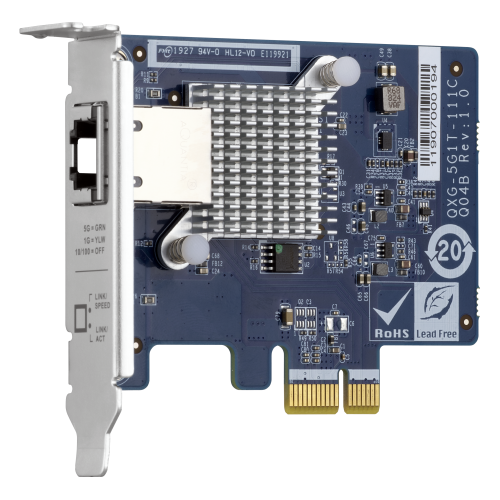 Сетевая карта/ QNAP QXG-5G1T-111C PCIe Gen2 x1, Single-port 4-speed 5 GbE network expansion card (5Gbps/ 2.5Gbps/ 1Gbps/ 100Mbps) Low-profile bracket