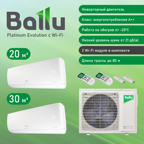 Мульти сплит система с Wi-Fi на 2 комнаты Ballu BSUI-FM-09HN8+BSUI-FM-12HN8/BA2OI-FM-18HN8