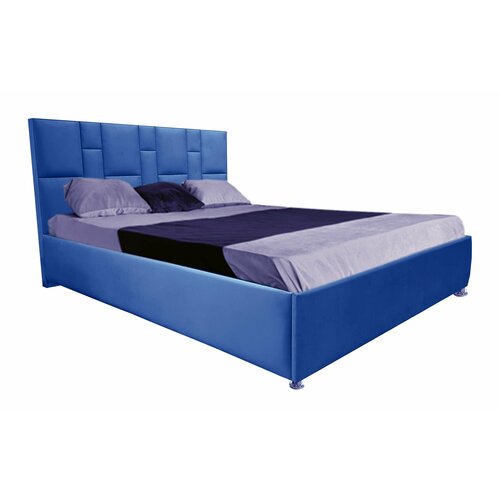 Двуспальная кровать Манхэттен 160x200 с подъемным механизмом и с коробом для белья велюр синий ножки 5 см