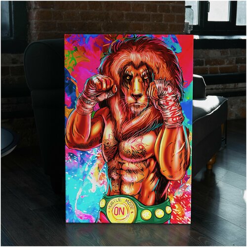 Картина на холсте "Несокрушимый лев" на подрамнике поп арт для дома и офиса, в гостиную, постер мотивация, спорт, бокс, боксер