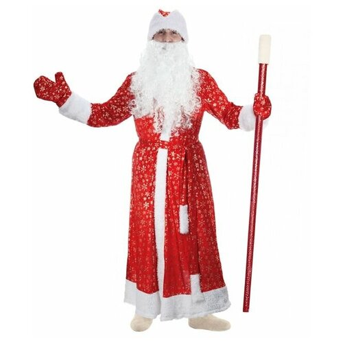 Костюм"Дед Мороз с серебряными снежинками"плюш, шуба, шапка, варежки, борода, размер 48-50, рост 185