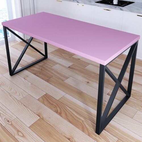 Стол кухонный Loft со столешницей розового цвета из массива сосны 40 мм и черными металлическими крестообразными ножками, 140х60х75 см